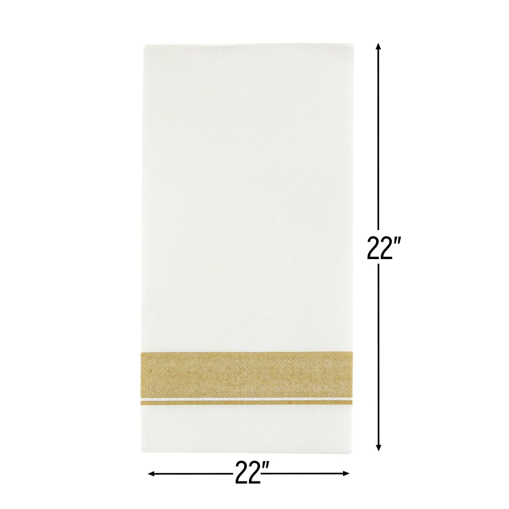 Rectangle Cloth-Like White Napkins with Gold Border, 50 Pack Fancy Paper Napkins, 22" x 22" Disposable Dinner Napkins - Decorative Party Napkins for Weddings, Dinners, Upscale Parties & Events