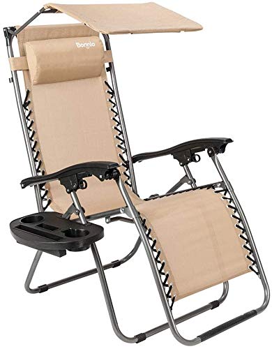 Bonnlo Zero Gravity Chair with Canopy Shade Patio Sunshade Lounge Chair, Folding Chair with Canopy Reclining Canopy Chairs with Cup Holder and Headrest for Beach Garden (Khaki)