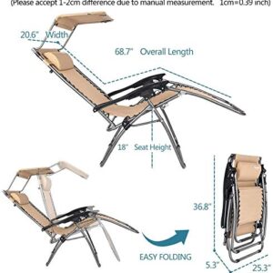 Bonnlo Zero Gravity Chair with Canopy Shade Patio Sunshade Lounge Chair, Folding Chair with Canopy Reclining Canopy Chairs with Cup Holder and Headrest for Beach Garden (Khaki)