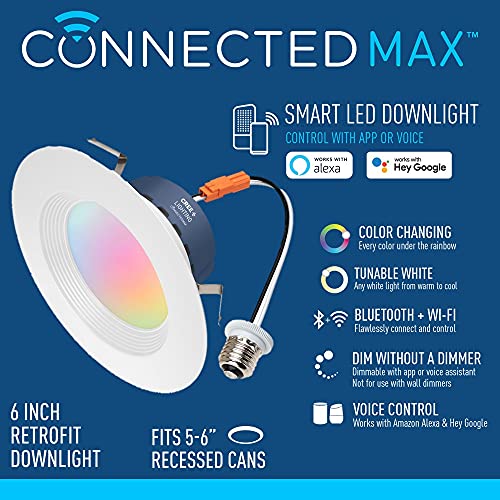 Cree Lighting Connected Max Smart Led 6 Inch Downlight Tunable White + Color Changing, 2.4 Ghz, Works with Alexa and Google Home, No Hub Required, Bluetooth + WiFi, 1Pk (Cmdl6-75W-Al-9Ack)