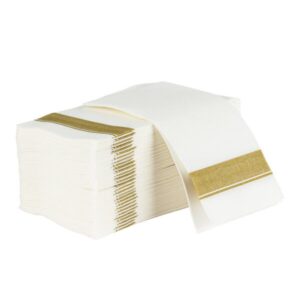 rectangle cloth-like white napkins with gold border, 50 pack fancy paper napkins, 22" x 22" disposable dinner napkins - decorative party napkins for weddings, dinners, upscale parties & events