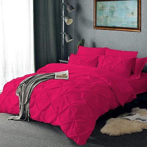 Hot Pink Pintuck Pinch Pleat Pattern Full/Queen Size 100% Cotton 800 TC Duvet Cover Sets Pinch Pleated 3pc Duvet Cover Set Zipper & Corner Ties Rectangle Pattern Decorative Pintuck Pillow Shams