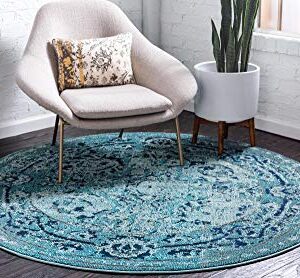 Rugs.com Fleur Collection Rug – 3' Round Light Blue Medium-Pile Rug Perfect for Kitchens, Dining Rooms