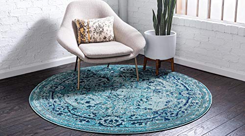 Rugs.com Fleur Collection Rug – 3' Round Light Blue Medium-Pile Rug Perfect for Kitchens, Dining Rooms