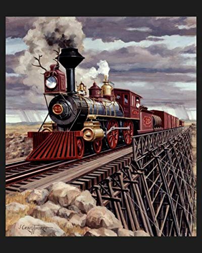 Panel - Wyoming Locomotive Train Engine Scenic Cotton Fabric Digitally Printed 36" Panel - for Sewing Projects by Alina Natetkova