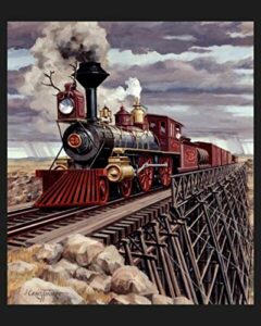 panel - wyoming locomotive train engine scenic cotton fabric digitally printed 36" panel - for sewing projects by alina natetkova