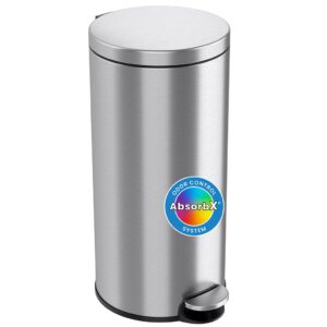 itouchless softstep 8 gallon trash can with removable inner bucket and absorbx odor filter, stainless steel, 30 liter round step pedal garbage bin for kitchen, bathroom, office, quiet lid close