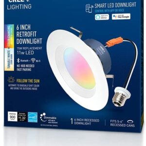 Cree Lighting Connected Max Smart Led 6 Inch Downlight Tunable White + Color Changing, 2.4 Ghz, Works with Alexa and Google Home, No Hub Required, Bluetooth + WiFi, 1Pk (Cmdl6-75W-Al-9Ack)