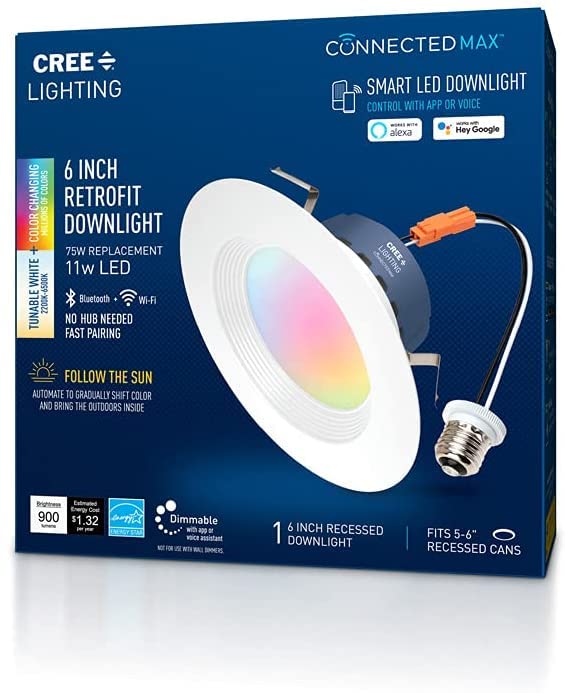 Cree Lighting Connected Max Smart Led 6 Inch Downlight Tunable White + Color Changing, 2.4 Ghz, Works with Alexa and Google Home, No Hub Required, Bluetooth + WiFi, 1Pk (Cmdl6-75W-Al-9Ack)