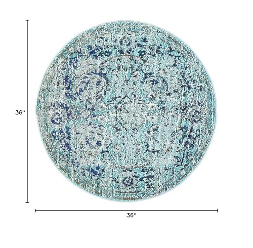 Rugs.com Fleur Collection Rug – 3' Round Light Blue Medium-Pile Rug Perfect for Kitchens, Dining Rooms