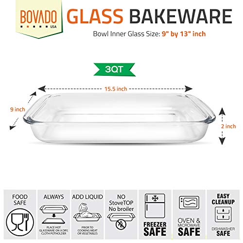 Bovado USA 9" x 13" Inch Glass Oven Baking Dish | High-Grade Borosilicate Glass | 3 Qt Capacity | Nonstick, Dishwasher Safe, Freezer-to-Oven Casserole Pan | No Lid