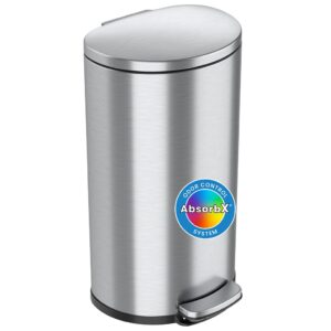 itouchless softstep 8 gallon trash can with removable inner bucket and absorbx odor filter, stainless steel, 30 liter semi-round step pedal garbage bin for kitchen, bathroom, office, quiet lid close