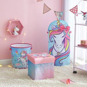 Idea Nuova JoJo Siwa Believe in Your Dreams Unicorn 3 Piece Collapsible Storage Set with Collapsible Ottoman, Bin and Figural Dome Pop Up Hamper, Pink