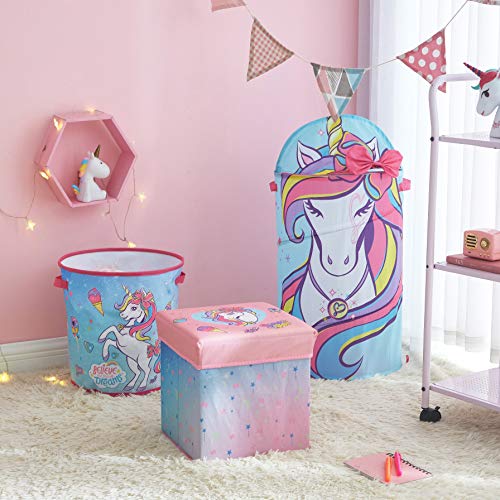 Idea Nuova JoJo Siwa Believe in Your Dreams Unicorn 3 Piece Collapsible Storage Set with Collapsible Ottoman, Bin and Figural Dome Pop Up Hamper, Pink