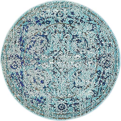 Rugs.com Fleur Collection Rug – 3' Round Light Blue Medium-Pile Rug Perfect for Kitchens, Dining Rooms