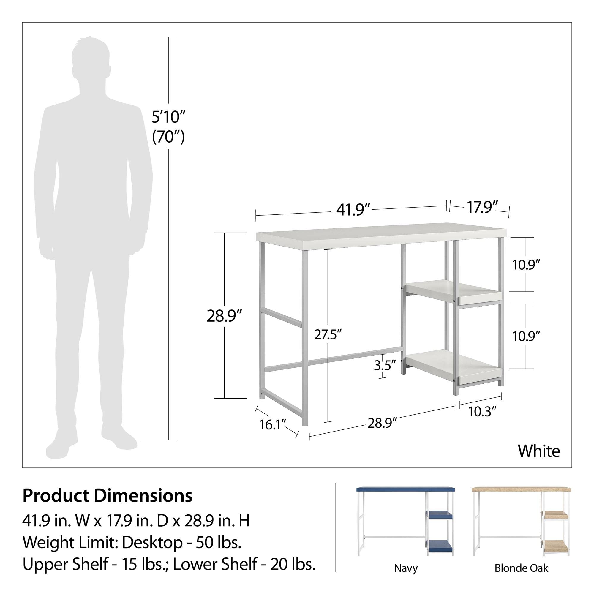 REALROOMS Kimberly Desk with Reversible Shelves, Navy