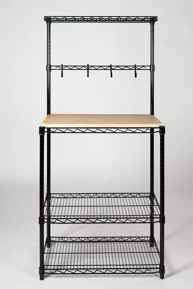 Omega 18" Deep x 42" Wide x 74" High Deluxe Black Bakers Rack with Top Shelf & Butcher Block