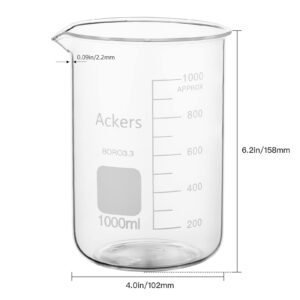 Ackers Boro3.3,Griffin Low Form Scientific Glass Beaker Set-25ml,50ml,100ml,200ml,250ml,400ml,500ml,1000 mL (Pack of 8) 丨4 Stirring Rods