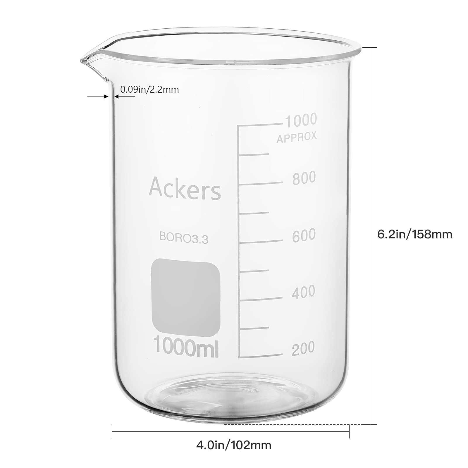 Ackers Boro3.3,Griffin Low Form Scientific Glass Beaker Set-25ml,50ml,100ml,200ml,250ml,400ml,500ml,1000 mL (Pack of 8) 丨4 Stirring Rods