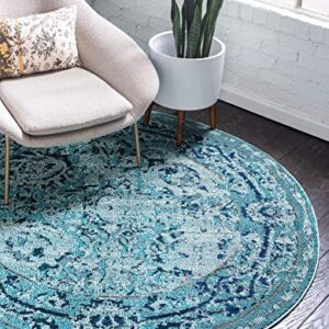 Rugs.com Fleur Collection Rug – 3' Round Light Blue Medium-Pile Rug Perfect for Kitchens, Dining Rooms