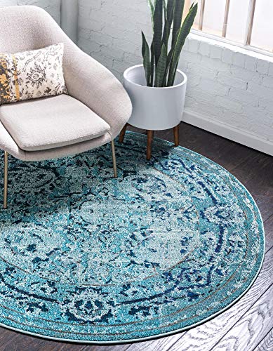 Rugs.com Fleur Collection Rug – 3' Round Light Blue Medium-Pile Rug Perfect for Kitchens, Dining Rooms