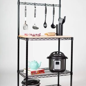 Omega 18" Deep x 42" Wide x 74" High Deluxe Black Bakers Rack with Top Shelf & Butcher Block