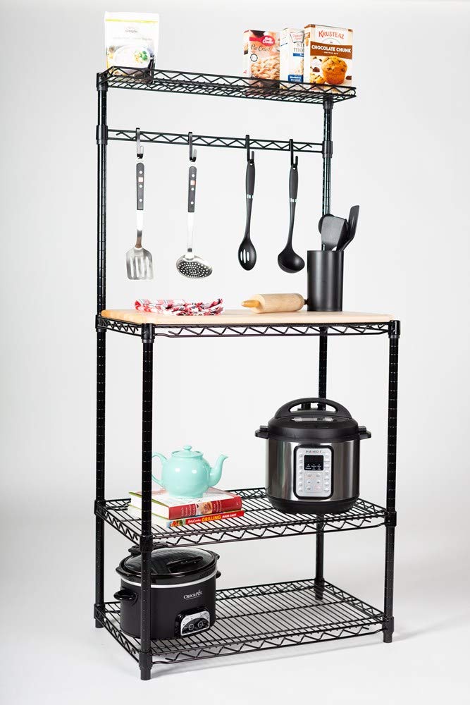 Omega 18" Deep x 42" Wide x 74" High Deluxe Black Bakers Rack with Top Shelf & Butcher Block