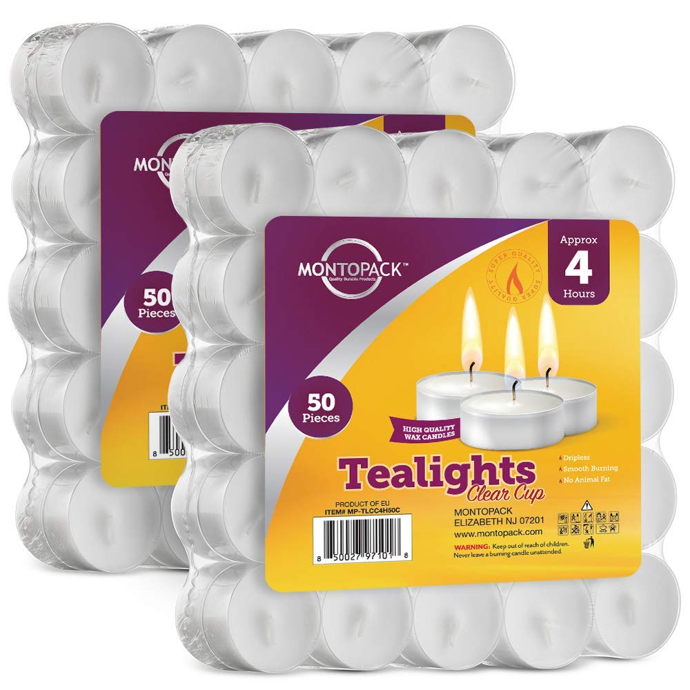 MontoPack Unscented White Tealight Candles Bulk [50] | 4 Hours of Smokeless, Dripless, Long Lasting Burning Paraffin Tea Lights | Small Votive Mini Candles for Home, Shabbat, Weddings & Emergencies