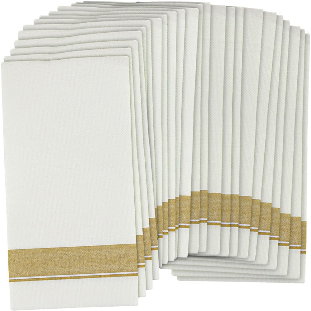 Rectangle Cloth-Like White Napkins with Gold Border, 50 Pack Fancy Paper Napkins, 22" x 22" Disposable Dinner Napkins - Decorative Party Napkins for Weddings, Dinners, Upscale Parties & Events