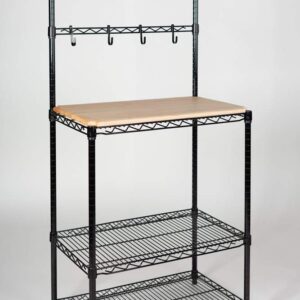 Omega 18" Deep x 42" Wide x 74" High Deluxe Black Bakers Rack with Top Shelf & Butcher Block