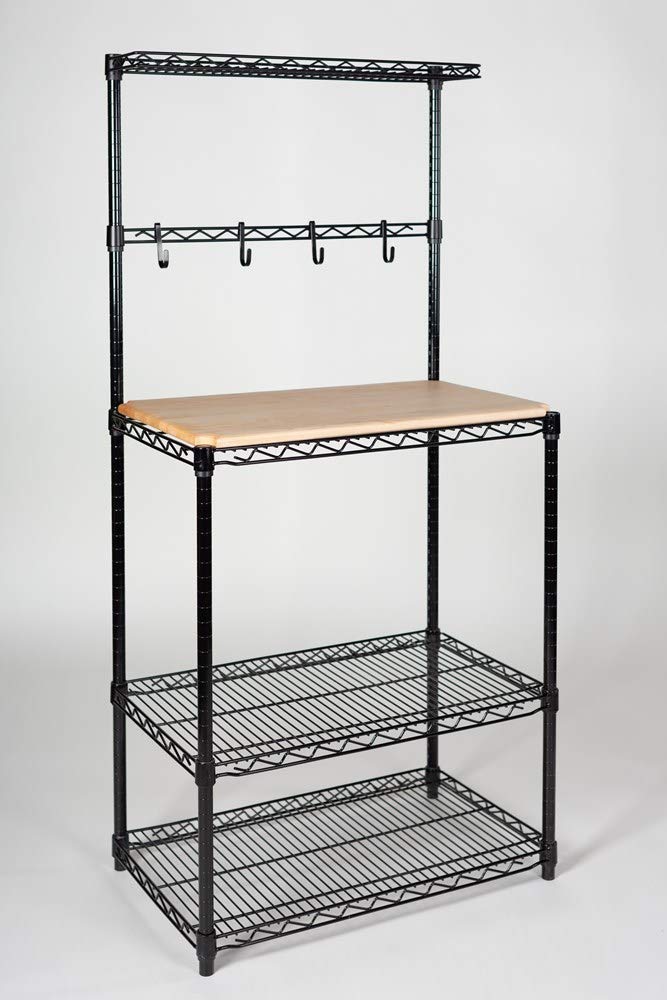 Omega 18" Deep x 42" Wide x 74" High Deluxe Black Bakers Rack with Top Shelf & Butcher Block