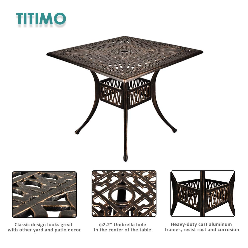 TITIMO 5-Piece Outdoor Dining Patio Set, All-Weather Cast Aluminum Furniture Set Includes 4 Swivel Rocker Chairs with Cushions and 35.4" Square Table with Umbrella Hole for Yard Garden Deck (Red)