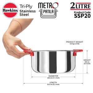 HAWKINS Tri-Ply Stainless Steel Patila/Bhagona/Tope/Sauce Pan, 2 Litre, Silver