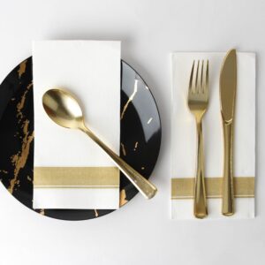 Rectangle Cloth-Like White Napkins with Gold Border, 50 Pack Fancy Paper Napkins, 22" x 22" Disposable Dinner Napkins - Decorative Party Napkins for Weddings, Dinners, Upscale Parties & Events