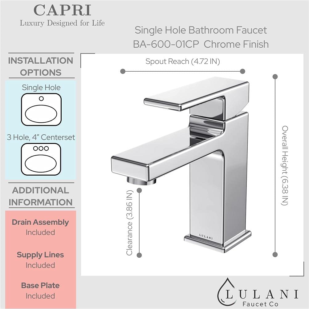 Lulani Capri Single Hole Bathroom Faucet, Easy Operation Faucet, Luxurious Design Faucet with Water-Saving Technology, Superior Performance and Lifetime Limited Warranty – Chrome Finish