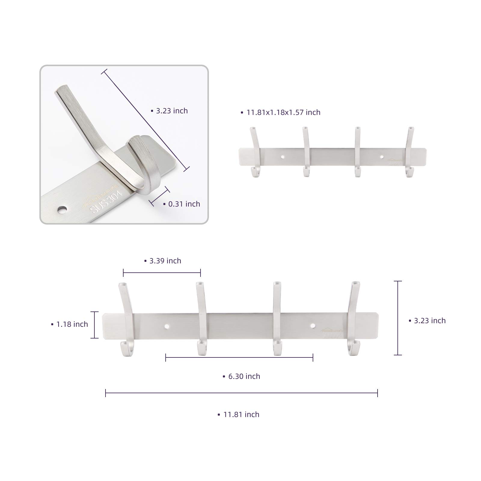 Coat Rack Wall Mounted,Stainless Steel Silver Towel Racks with 4 Hooks for Bathroom Kitchen Bedroom Door