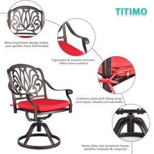 TITIMO 5-Piece Outdoor Dining Patio Set, All-Weather Cast Aluminum Furniture Set Includes 4 Swivel Rocker Chairs with Cushions and 35.4" Square Table with Umbrella Hole for Yard Garden Deck (Red)