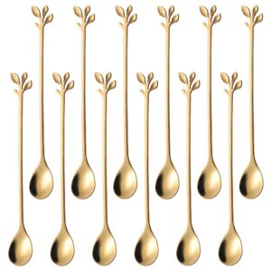 ansaw leaf handle long teaspoons, 7.4" gold coffee & tea stirring spoons, stainless steel coffee stir spoon set of 12