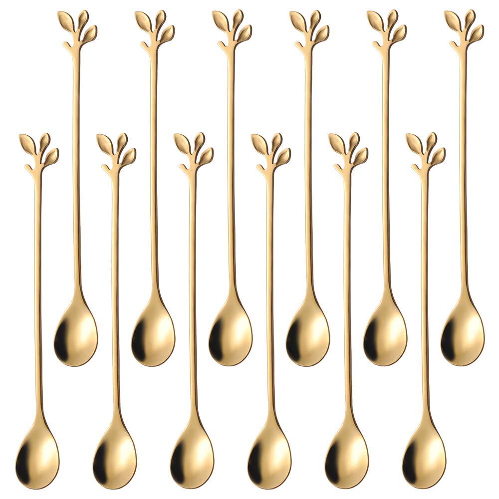 AnSaw Leaf Handle Long Teaspoons, 7.4" Gold Coffee & Tea Stirring Spoons, Stainless Steel Coffee Stir Spoon Set of 12