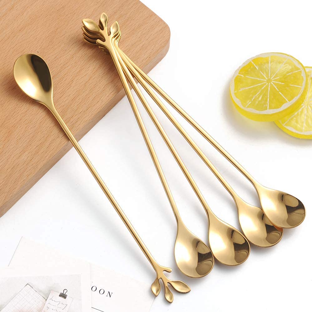 AnSaw Leaf Handle Long Teaspoons, 7.4" Gold Coffee & Tea Stirring Spoons, Stainless Steel Coffee Stir Spoon Set of 12