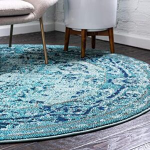 Rugs.com Fleur Collection Rug – 3' Round Light Blue Medium-Pile Rug Perfect for Kitchens, Dining Rooms