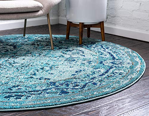 Rugs.com Fleur Collection Rug – 3' Round Light Blue Medium-Pile Rug Perfect for Kitchens, Dining Rooms