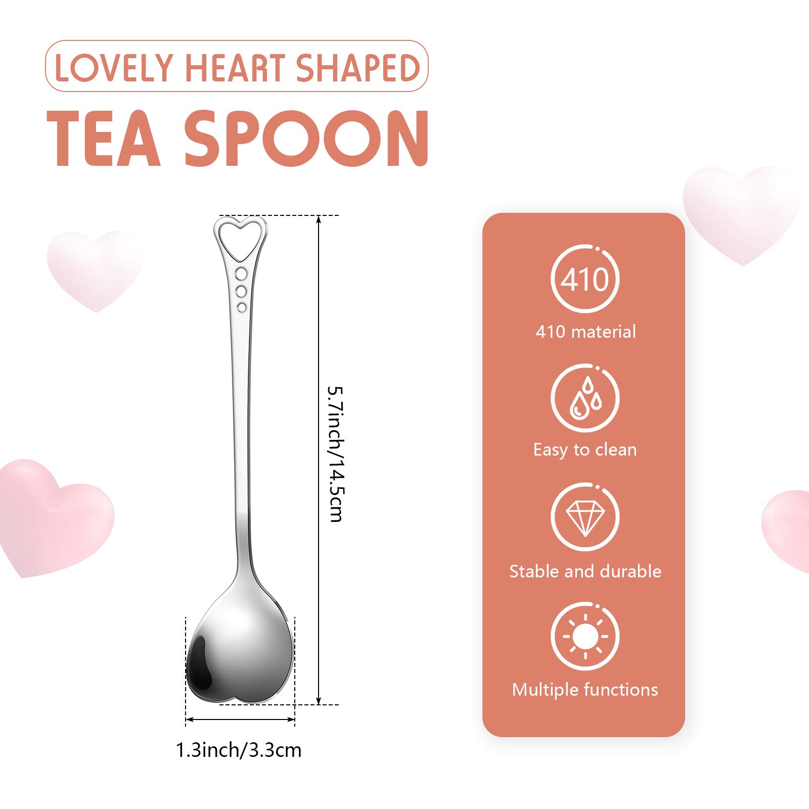 Patelai 12 Pieces Heart Shaped Stainless Steel Tea Spoon Flatware Set, 5.7 Inch Coffee Sugar Spoon Ice Cream Cake Dessert Spoon Stirring Spoon for Home, Restaurant and Valentine's Day Present