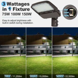 Xbuyee 150W LED Parking Lot Light with Dusk to Dawn Photocell, Dimmable LED Pole Light Outdoor Shoebox Lights with Slip Fitter Mount, 22500lm 150lm/W 5000K 100-277V IP65, 75W/100W/150W Adjustable, ETL