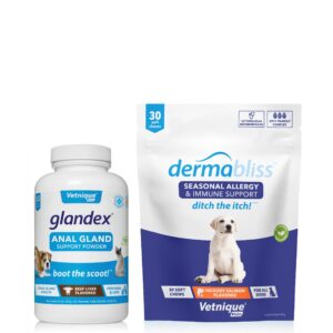 vetnique labs dermabliss seasonal dog allergy chews (30ct) & glandex anal gland support powder with pumpkin for dogs (5.5oz beef) bundle