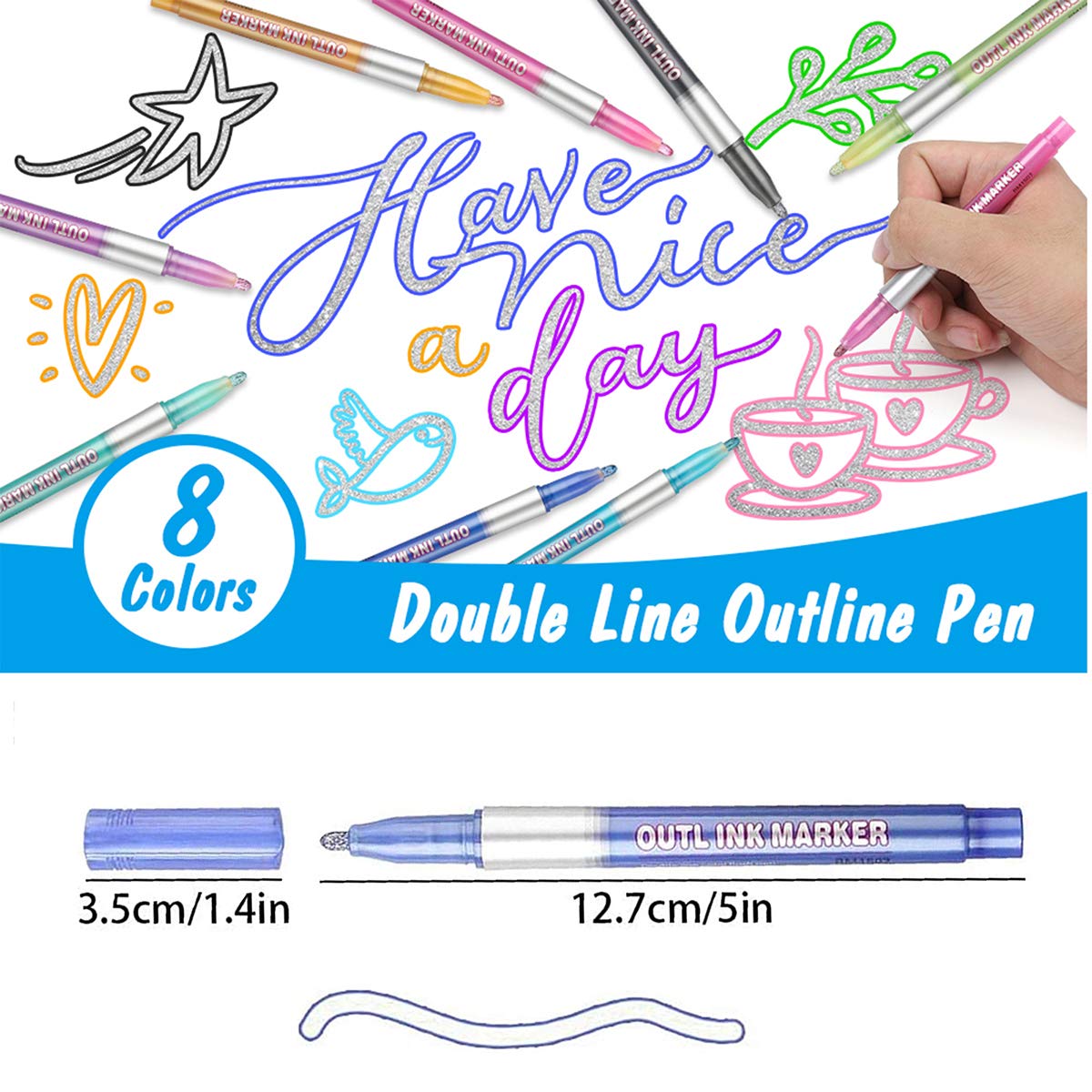 JFSJDF Outline Markers Pens, 8 Colors Double Line Markers Sel-outline Metallic Markers Shimmer Markers for Art, Christmas Stocking Stuffers, Greeting Cards, DIY, Scrapbook, Easter Egg