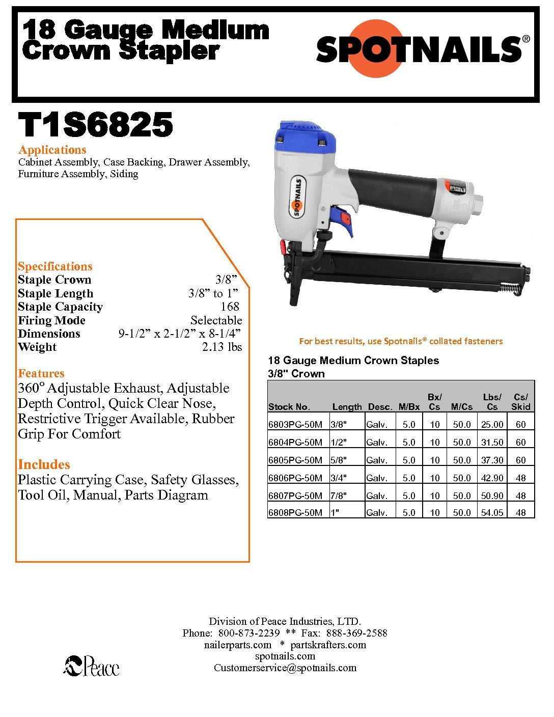 Spotnails T1S6825 Stapler w/Case Staple Gun Uses Senco M Series 3/8 Crown Staples