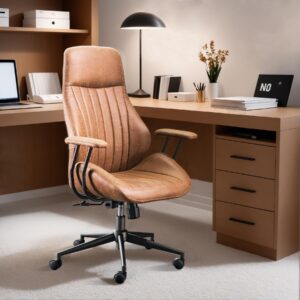 ovios high back ergonomic home office chair with lumbar support, mid-century modern suede leather chair with swivel rolling wheels, comfy executive computer task chair, brown