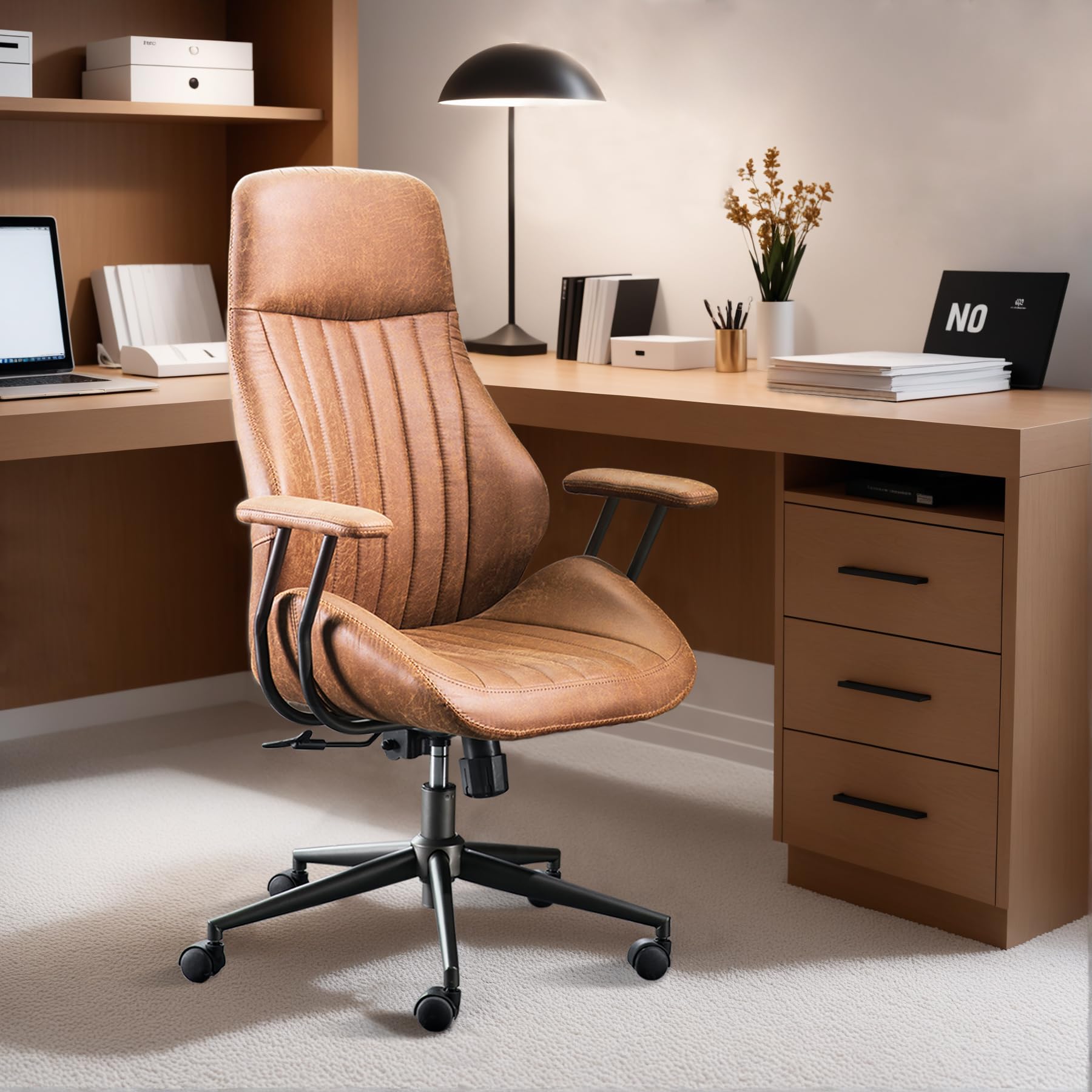 ovios High Back Ergonomic Home Office Chair with Lumbar Support, Mid-Century Modern Suede Leather Chair with Swivel Rolling Wheels, Comfy Executive Computer Task Chair, Brown