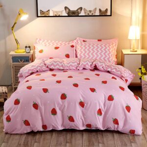 halozi duvet cover set queen size strawberry pink reversible luxury soft bedding set with zipper closure and corner ties (1 duvet cover+2 pillowcases) (pink strawberry, queen（90x90） inch)…